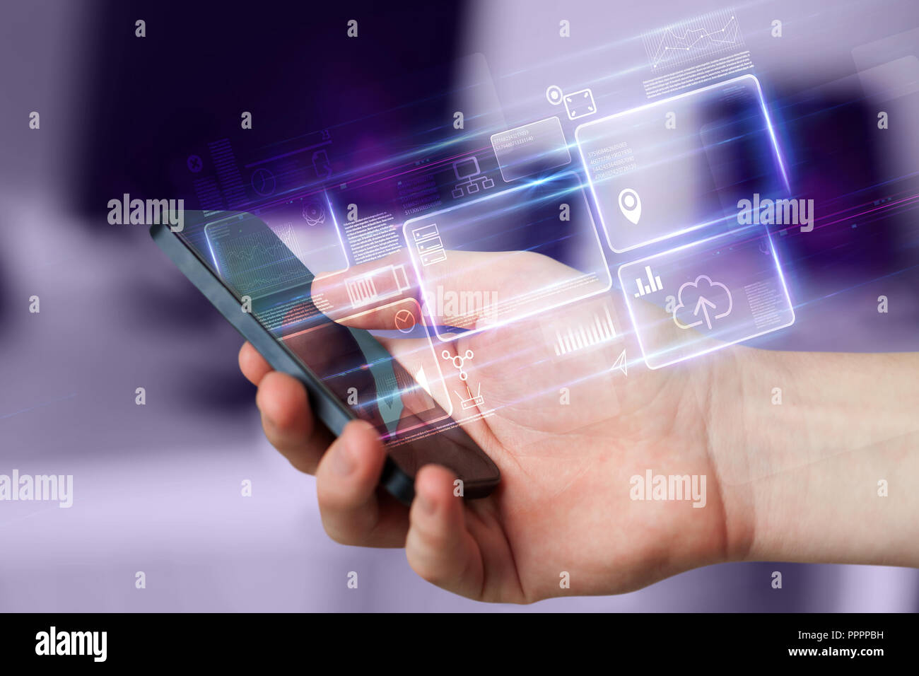 Hand using phone with database reports and online work concept Stock ...