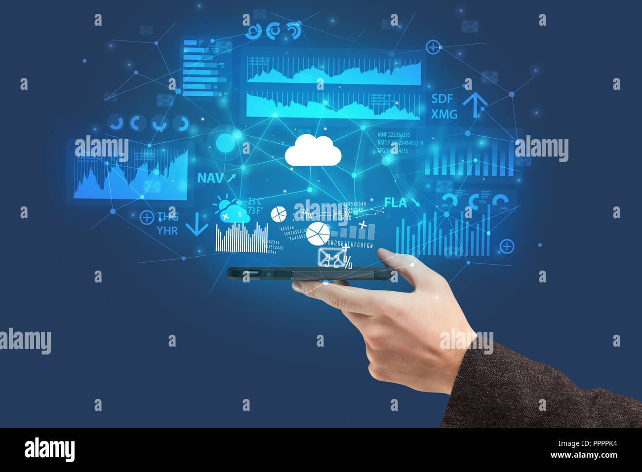 Businessman using phone with flying application icons around Stock ...