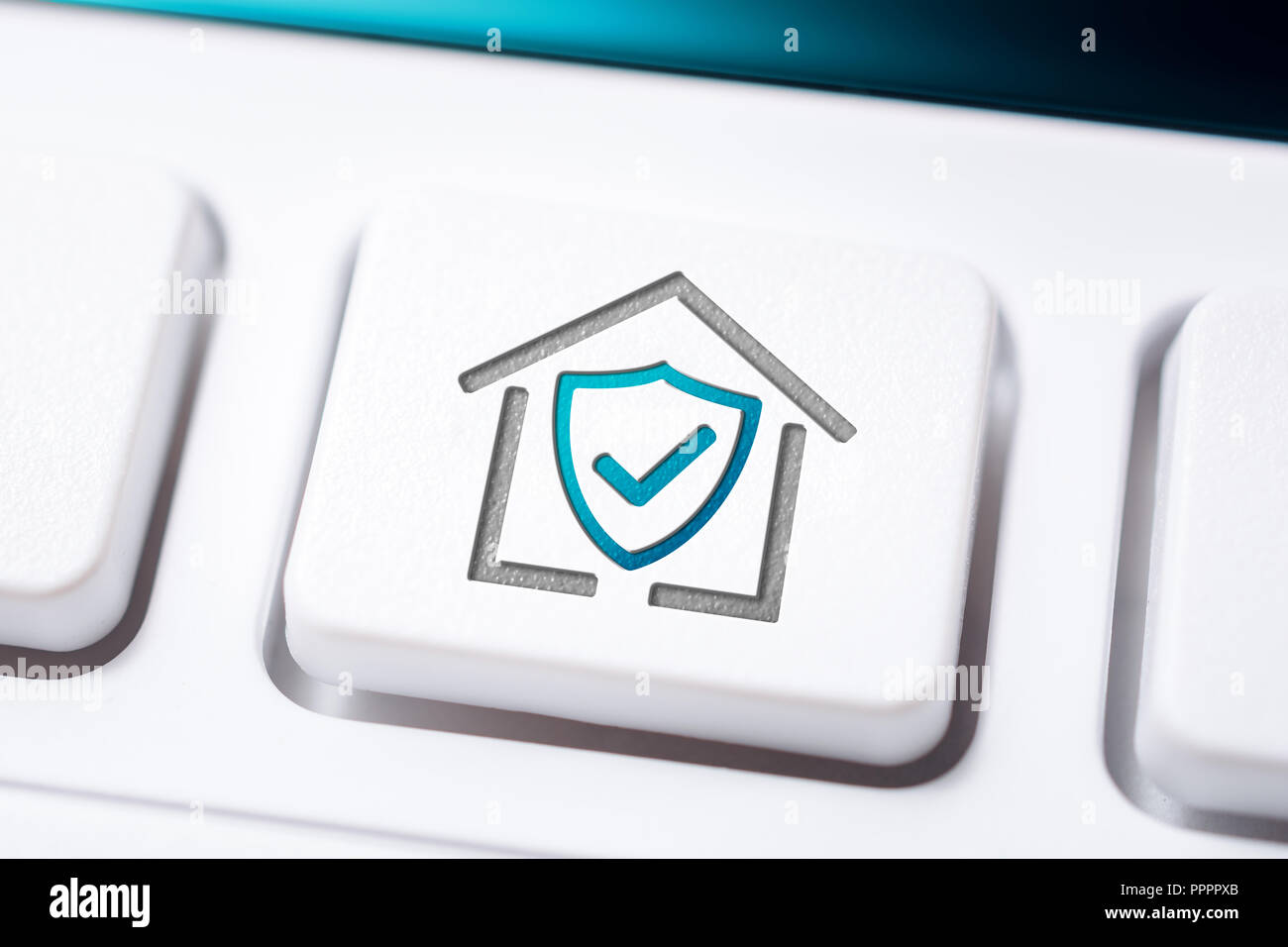 Macro Of A Smart Home Icon With Shield And Checkmark On A Keyboard ...
