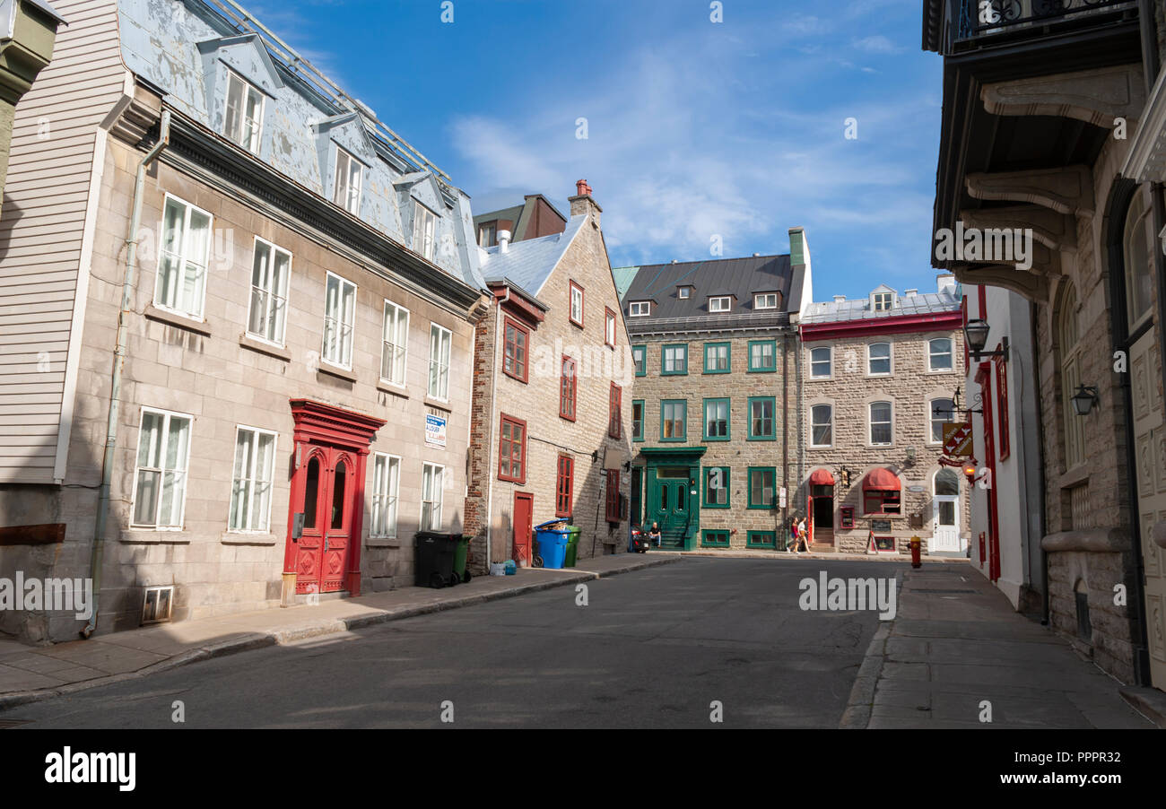 Picturesque city quarter in Old Quebec, with stone townhouses lining ...