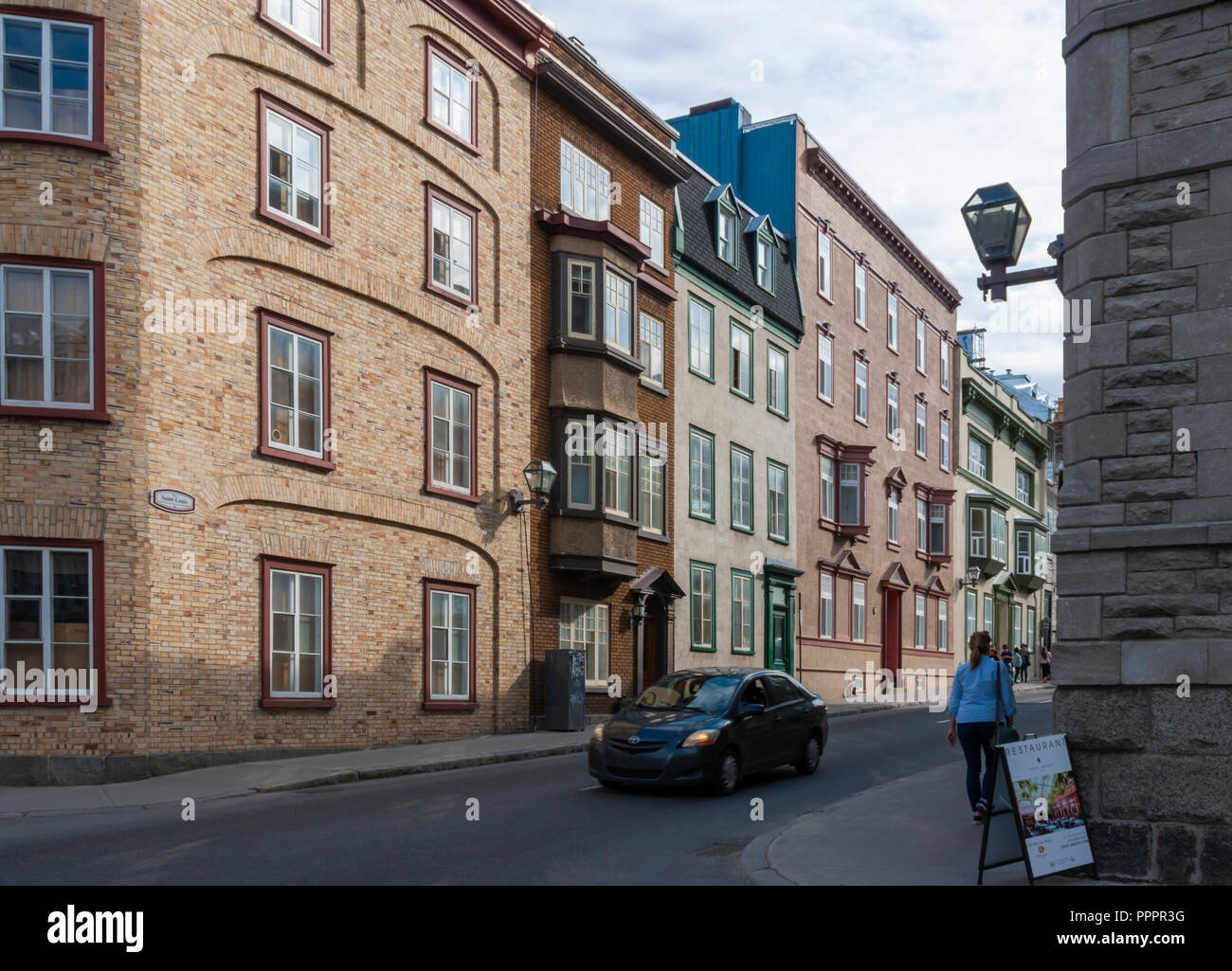 Quaint facades of residential houses on Rue Saint Louis, in Old Quebec ...