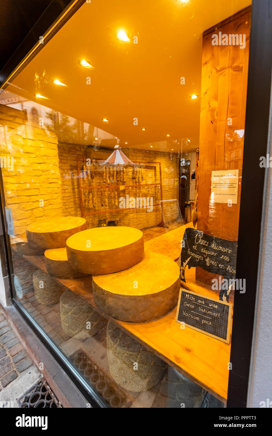 Cheese rounds in a cheese shop window. Strasbourg, France Stock Photo ...