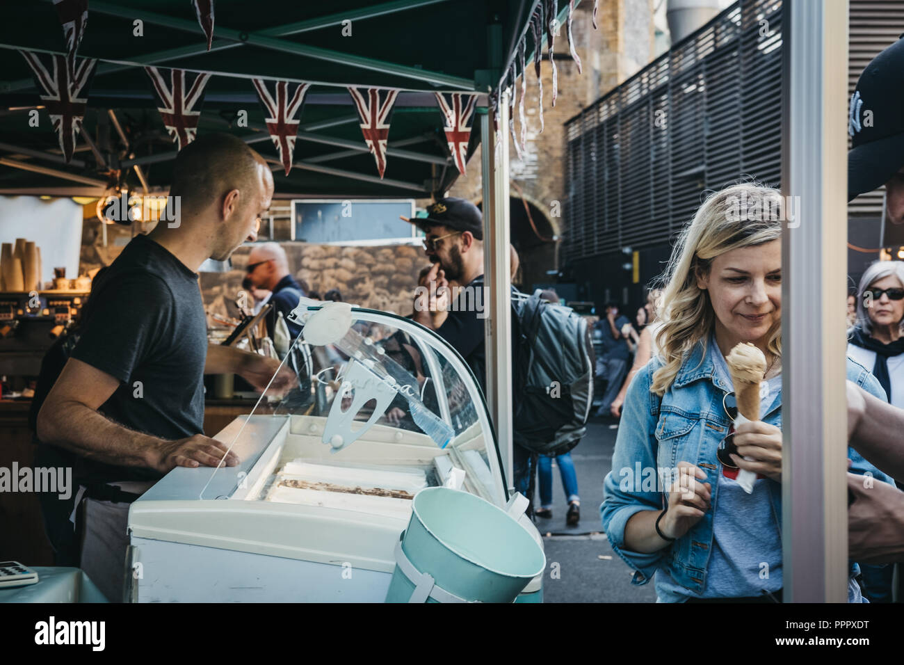 London, UK - September 17, 2018: People buying ice-cream from Greedy ...