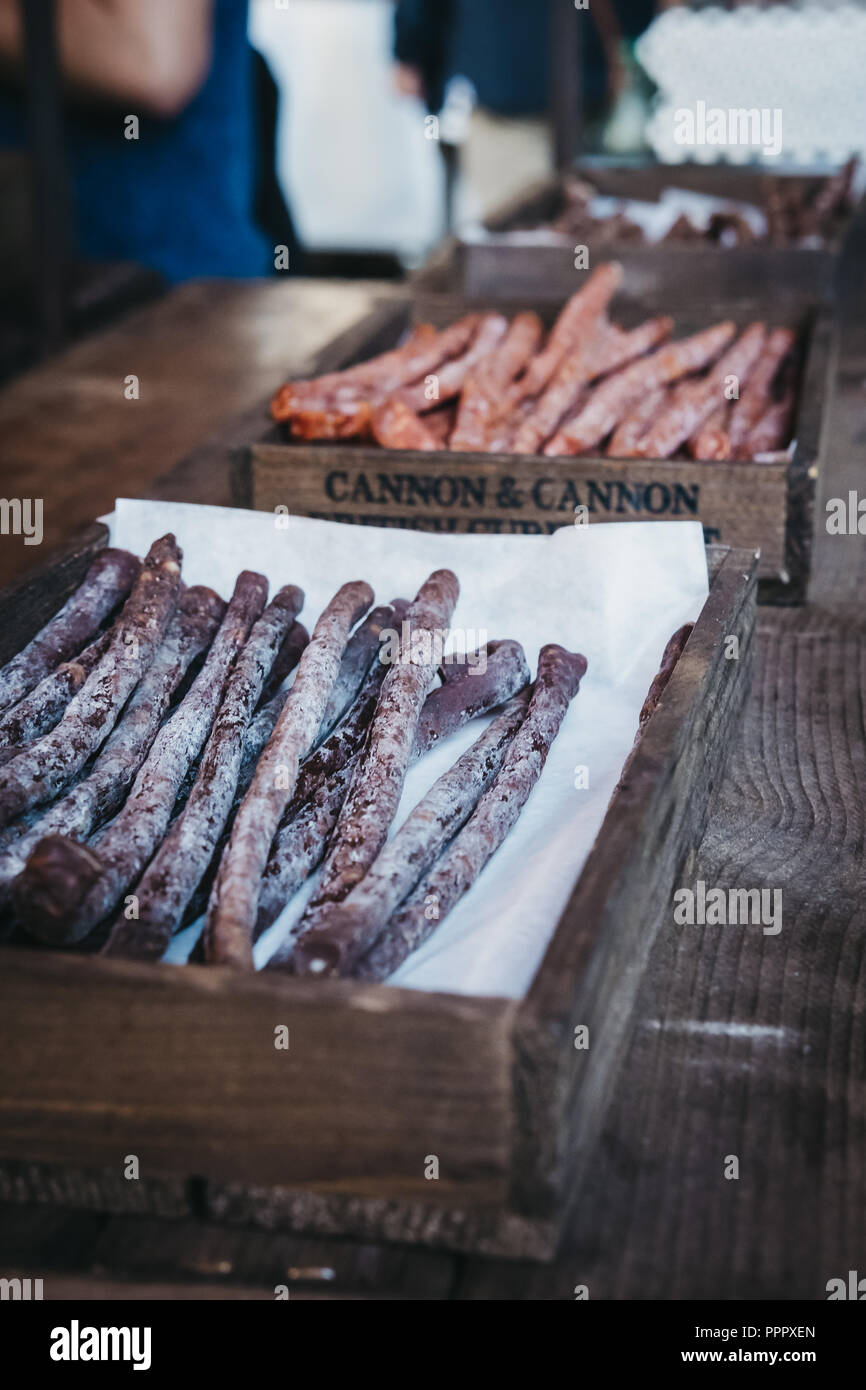 London, UK - September 17, 2018: Gourmet salami and sausages at Cannon ...