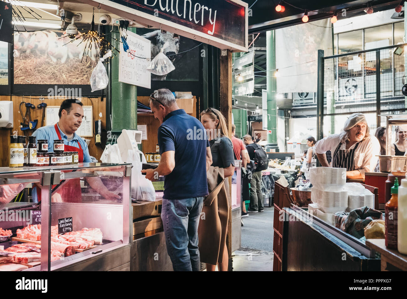London, UK - September 17, 2018: People buying meat from Northfield ...
