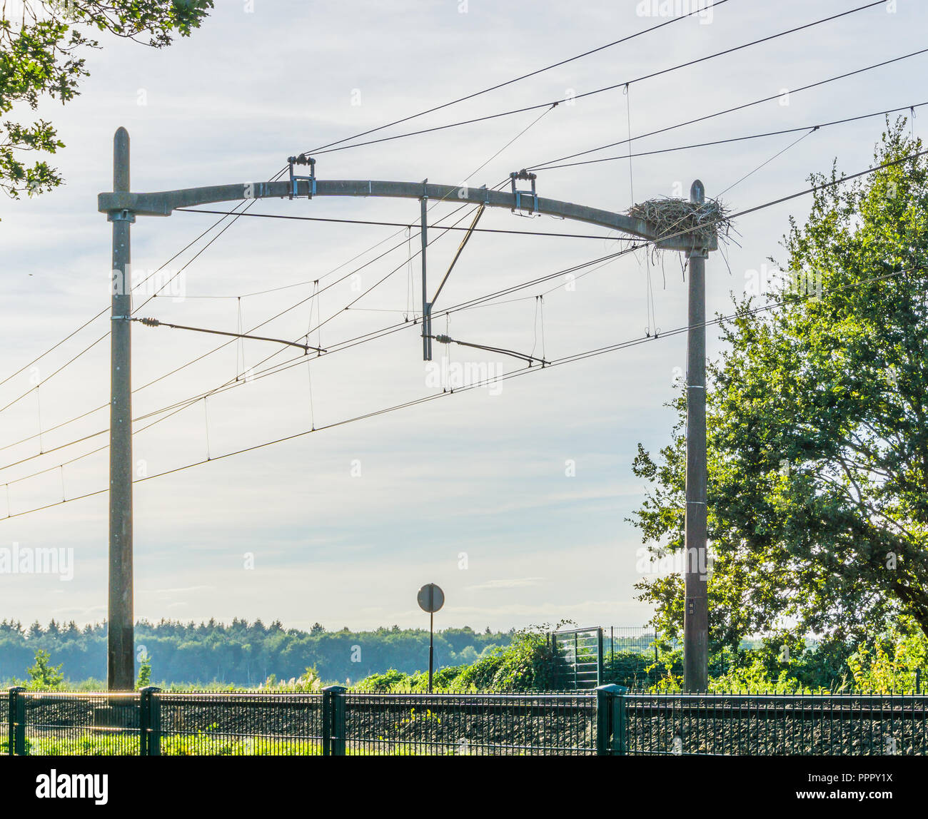 Train railway with a stork bird nest and power cables Stock Photo - Alamy