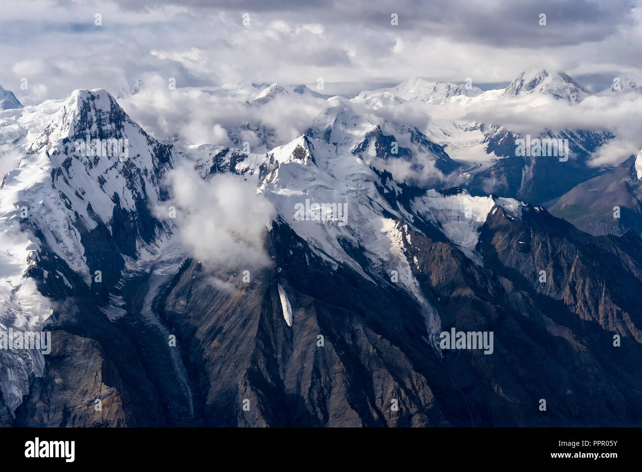 Aerial view over the Central Tian Shan Mountain range, Border of ...