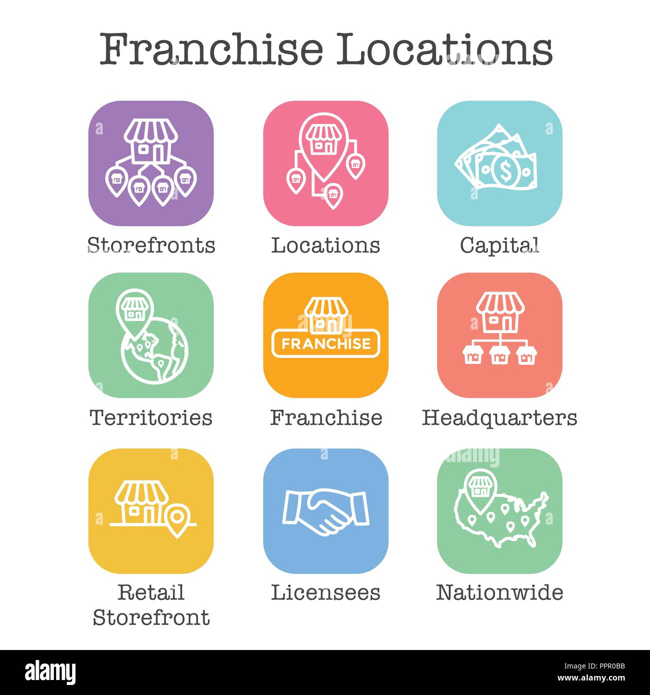 Franchise Icon Set w Home Office, corporate Headquarters and Franchisee ...