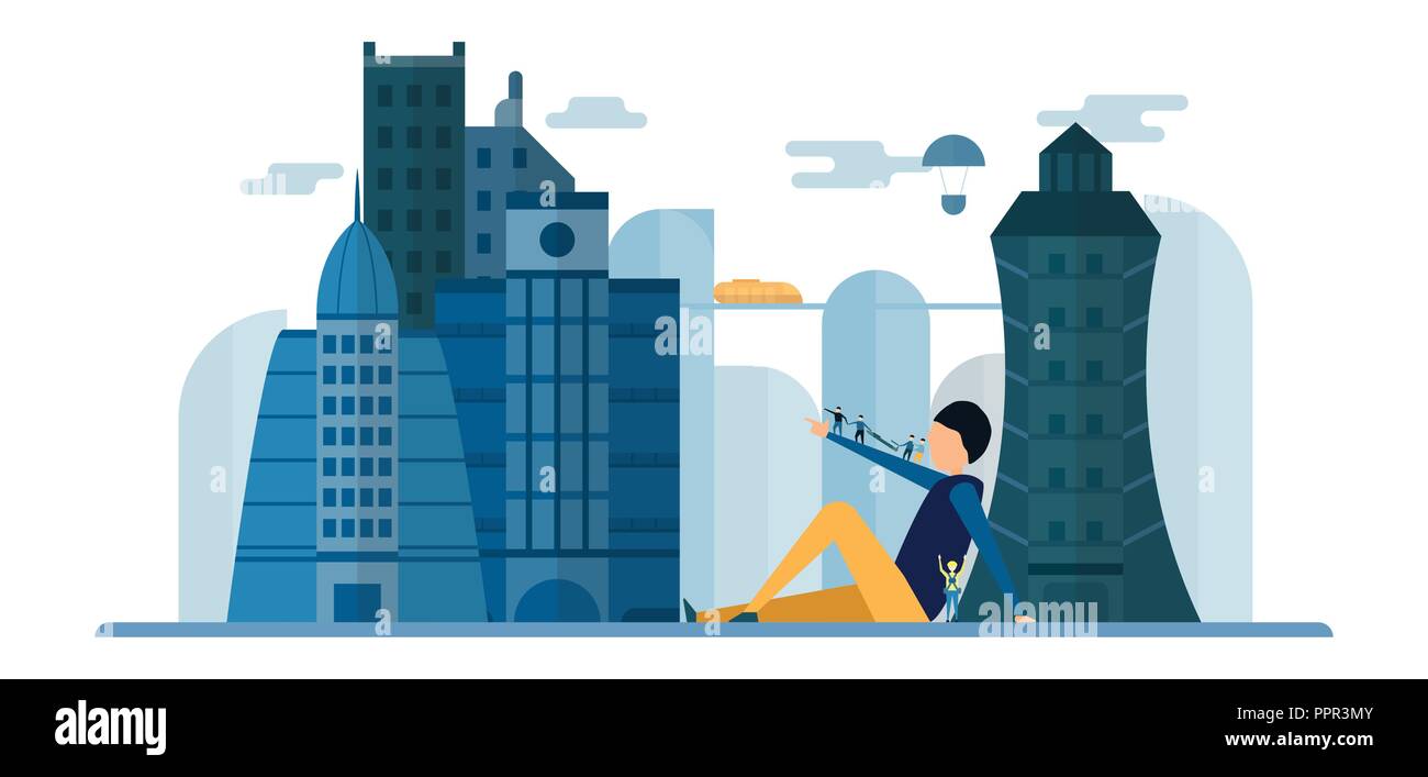 Future people in urban buildings with blue sky and cloud. Vector ...