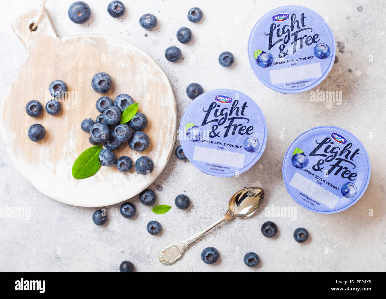 LONDON, UK - SEPTEMBER 26, 2018: Light and Free greek style yogurt with ...