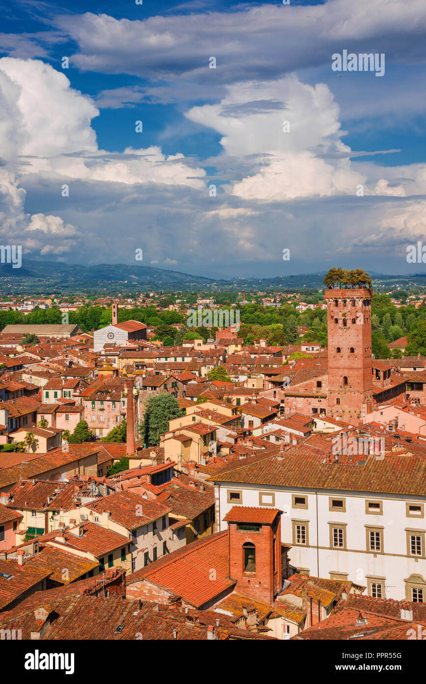 Lucca old historic center skyline with medieval towers and clouds Stock ...