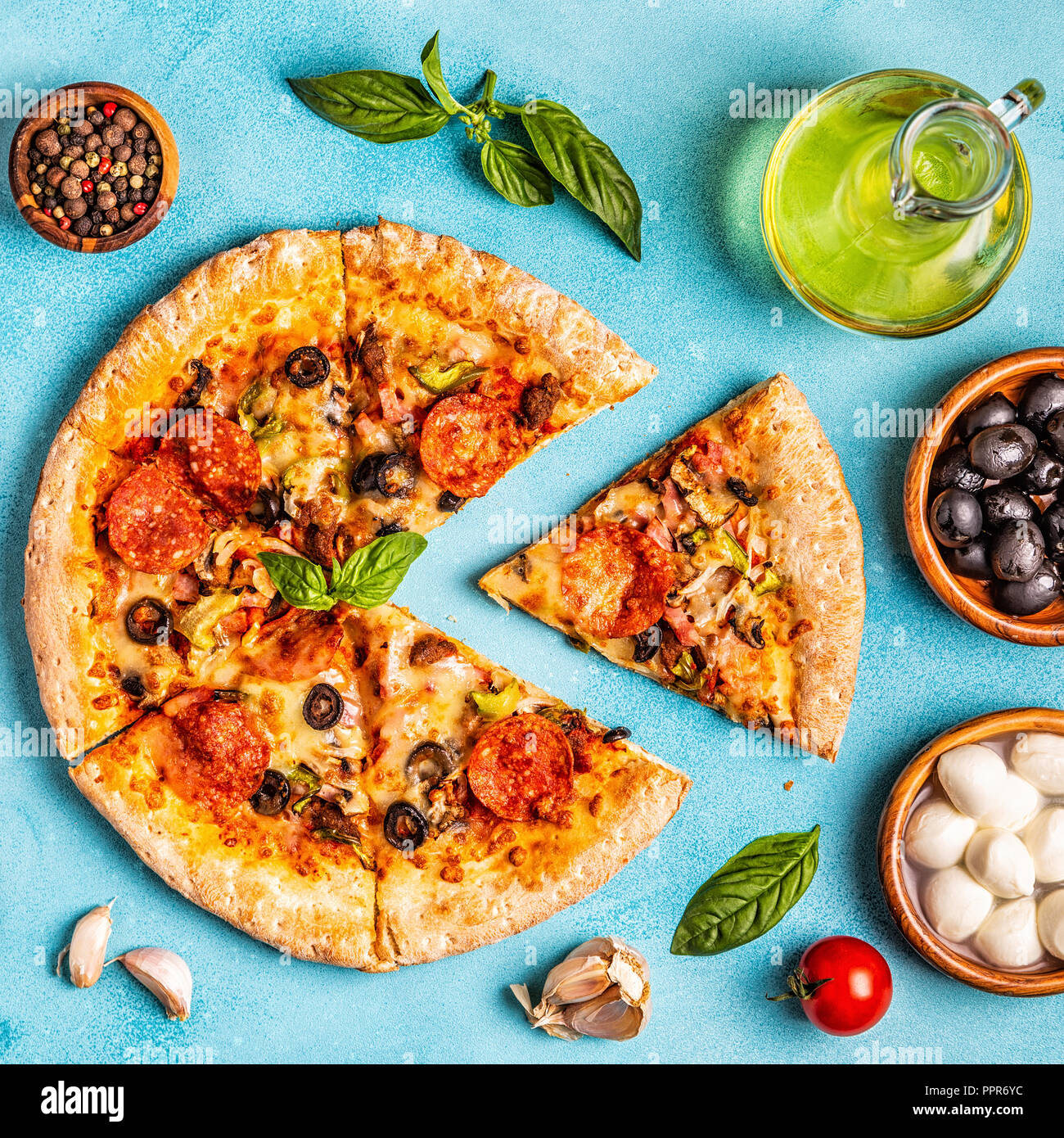 Meat pizza with ingredients, top view Stock Photo - Alamy
