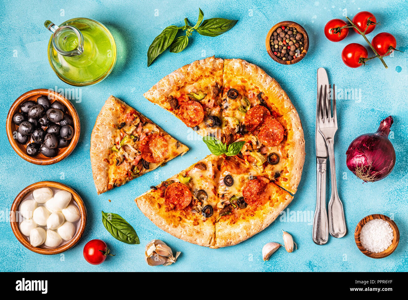 Meat pizza with ingredients, top view Stock Photo - Alamy