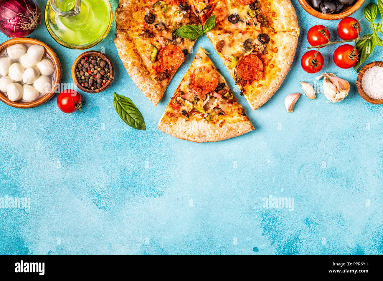 Meat pizza with ingredients, top view Stock Photo - Alamy