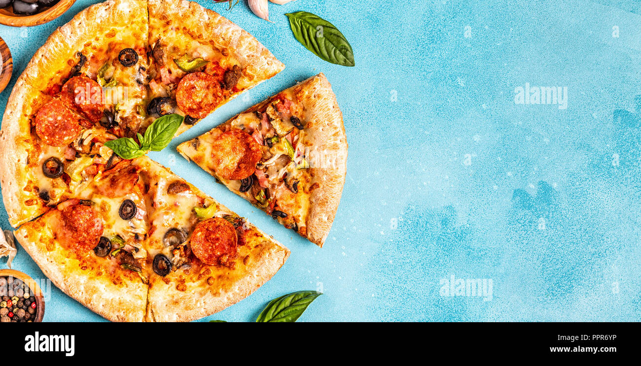 Meat pizza with ingredients, top view Stock Photo - Alamy