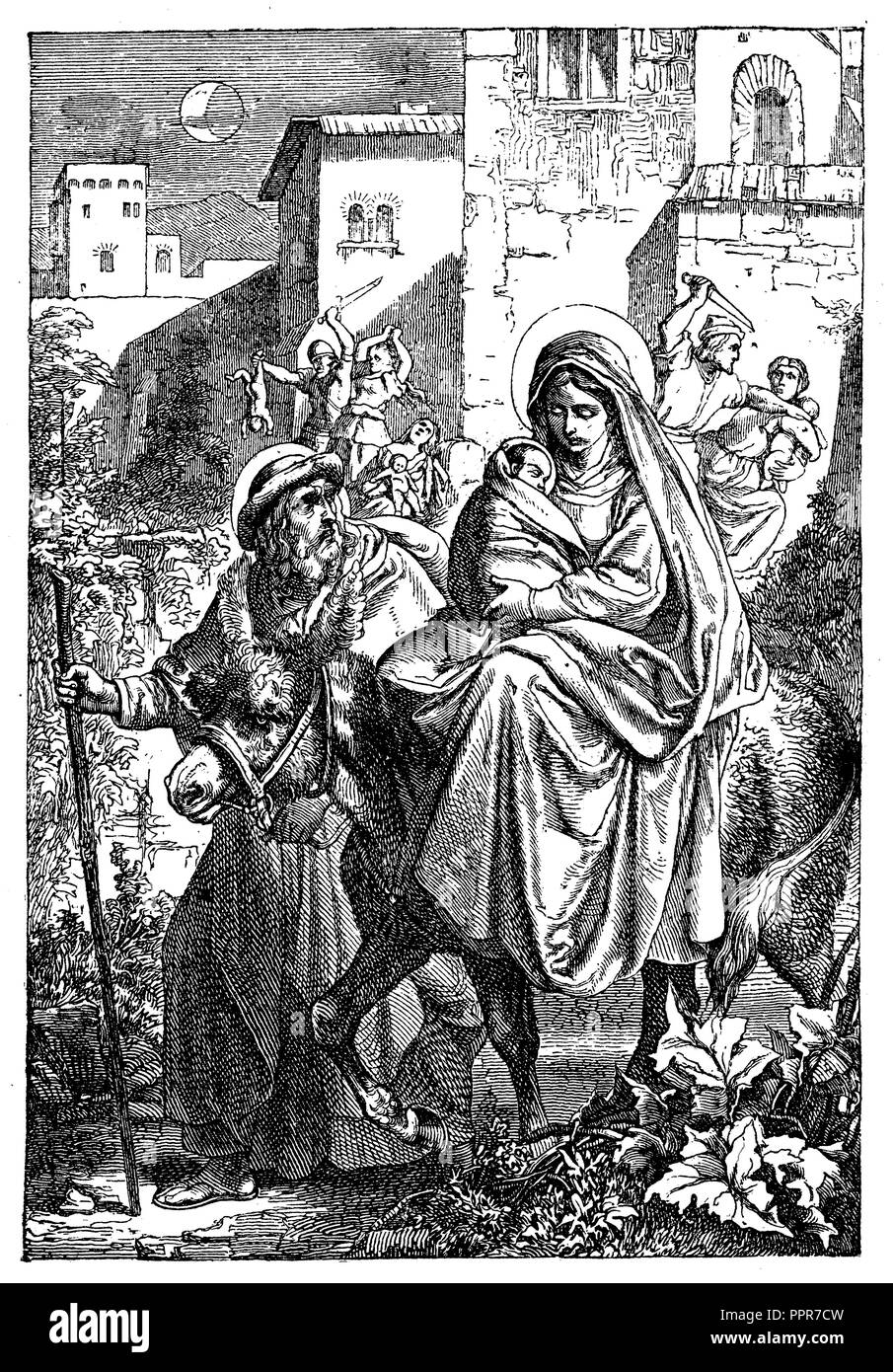 Holy Family: Joseph, Mary and Jesus, donkeys, anonym 1879 Stock Photo ...