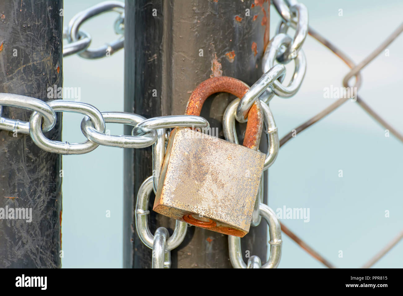 A lock and chain on Metal Fence that links of a gate Stock Photo - Alamy
