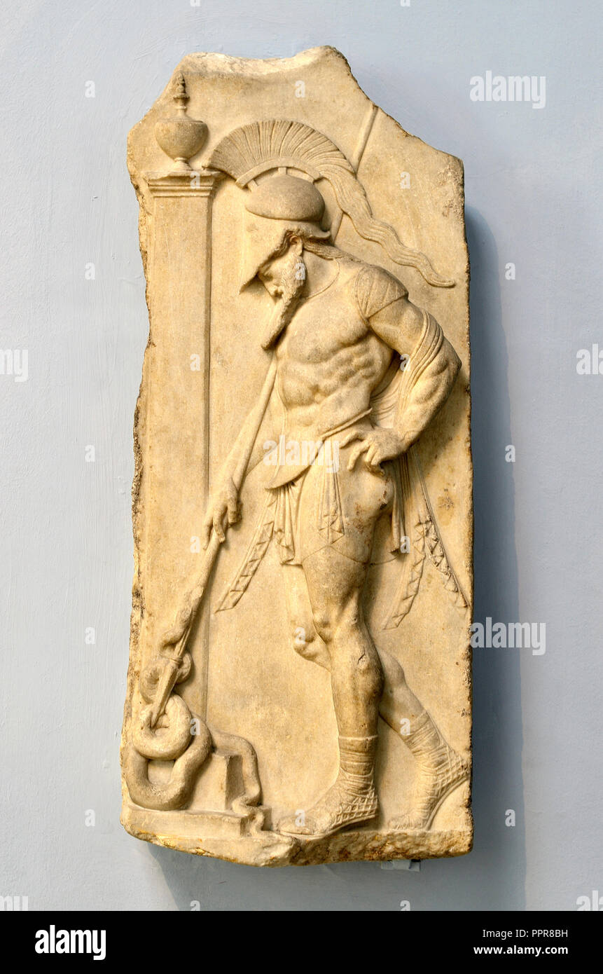 Marble grave relief (Rhodes 1stC BC) showing a warrior dressed in a ...