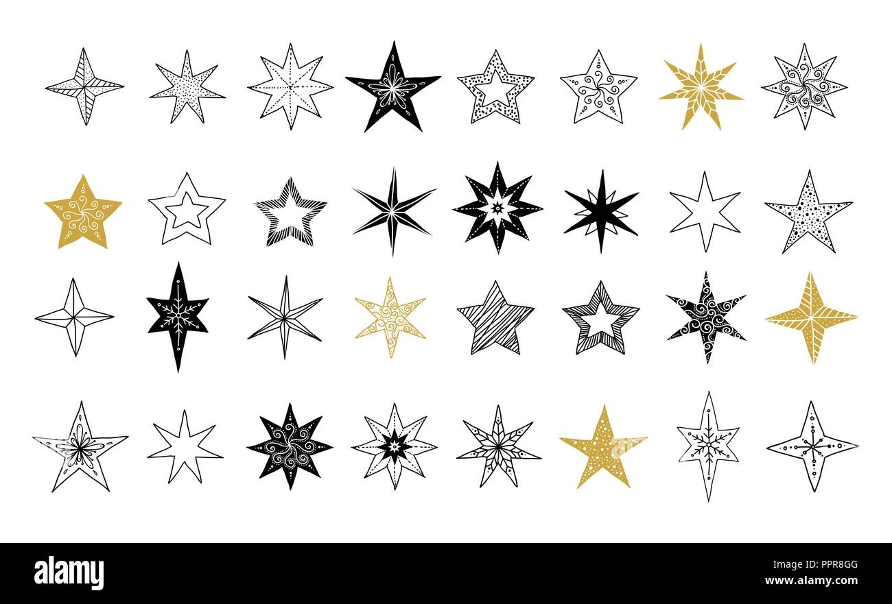 Collection of snowflakes, stars, Christmas decorations, hand drawn ...