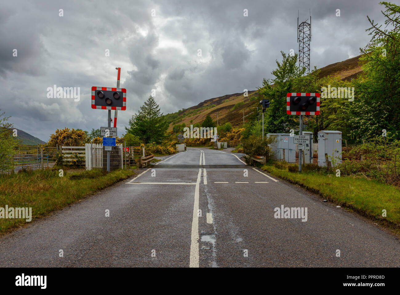 Scottish country road with Railroad Crossing in the highlands, Scotland ...
