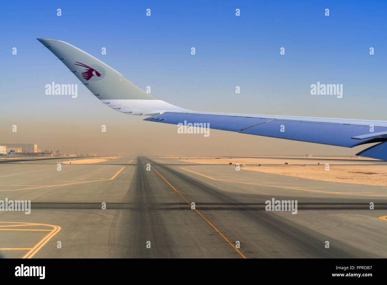 DOHA, QATAR -04 August 2018- Airplanes from Qatar Airways QR are lined ...