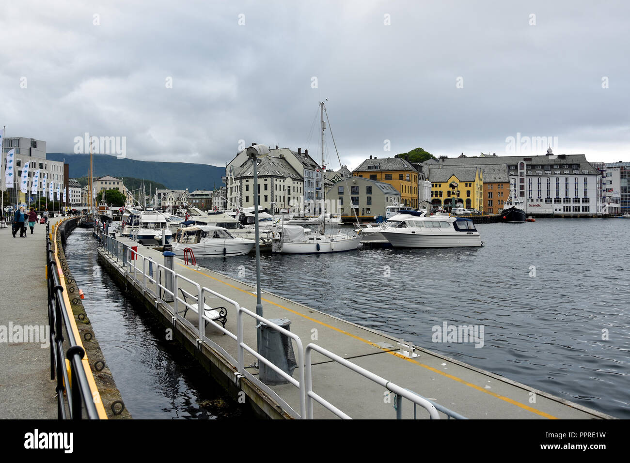 View of Alesund town and port, on the west coast of Norway, at the ...