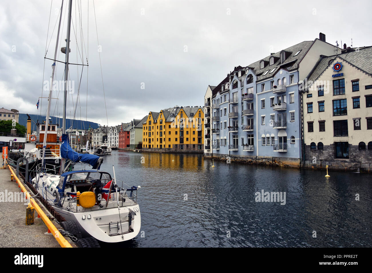 View of Alesund town and port, on the west coast of Norway, at the ...