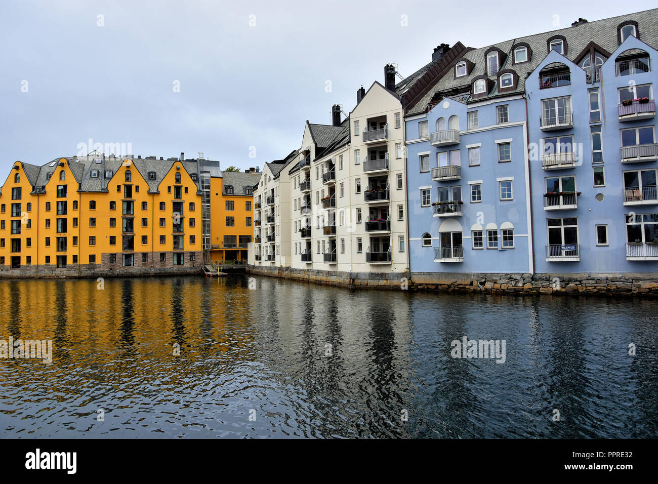 View of Alesund town and port, on the west coast of Norway, at the ...