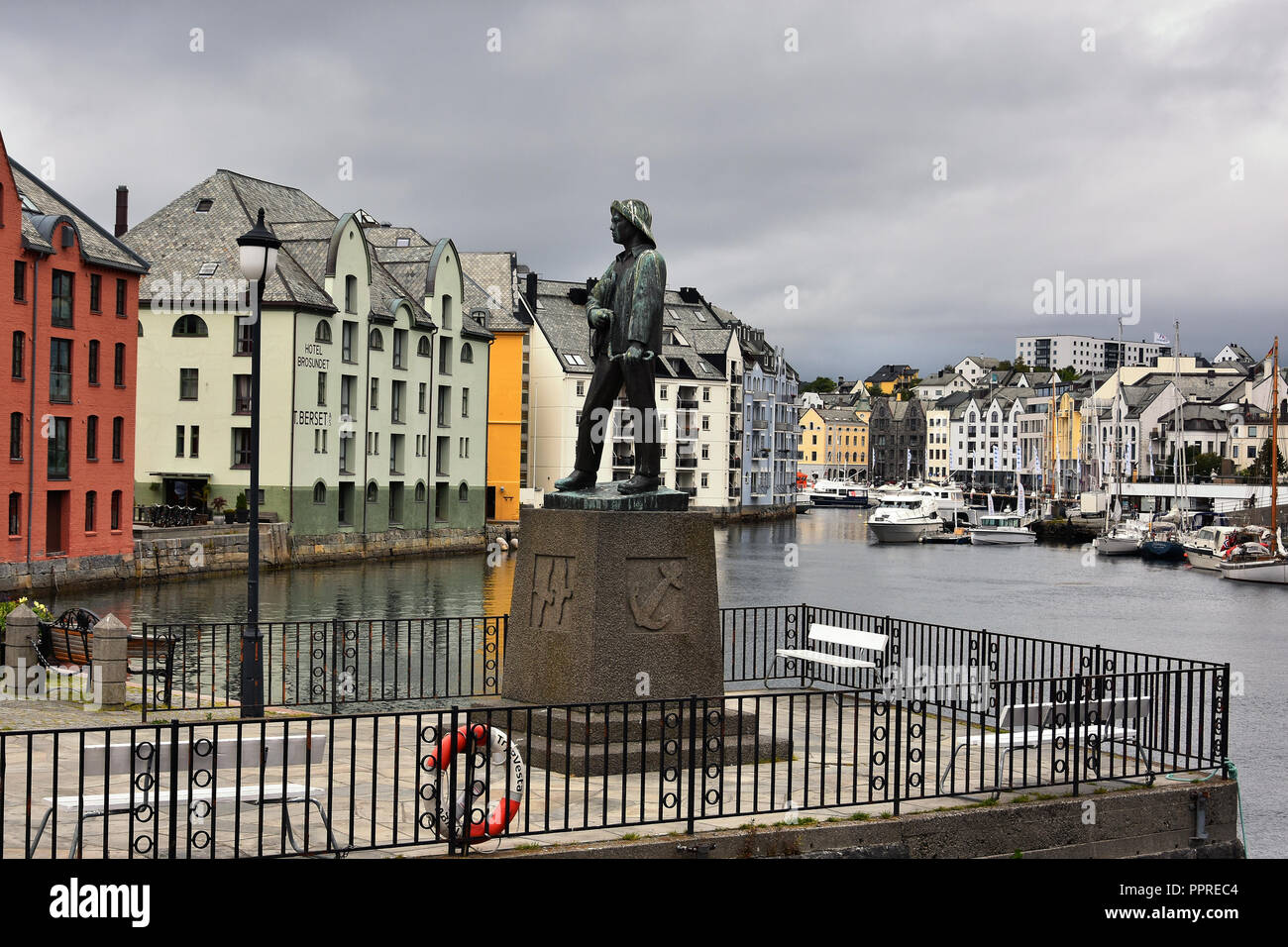 View of Alesund town and port, on the west coast of Norway, at the ...