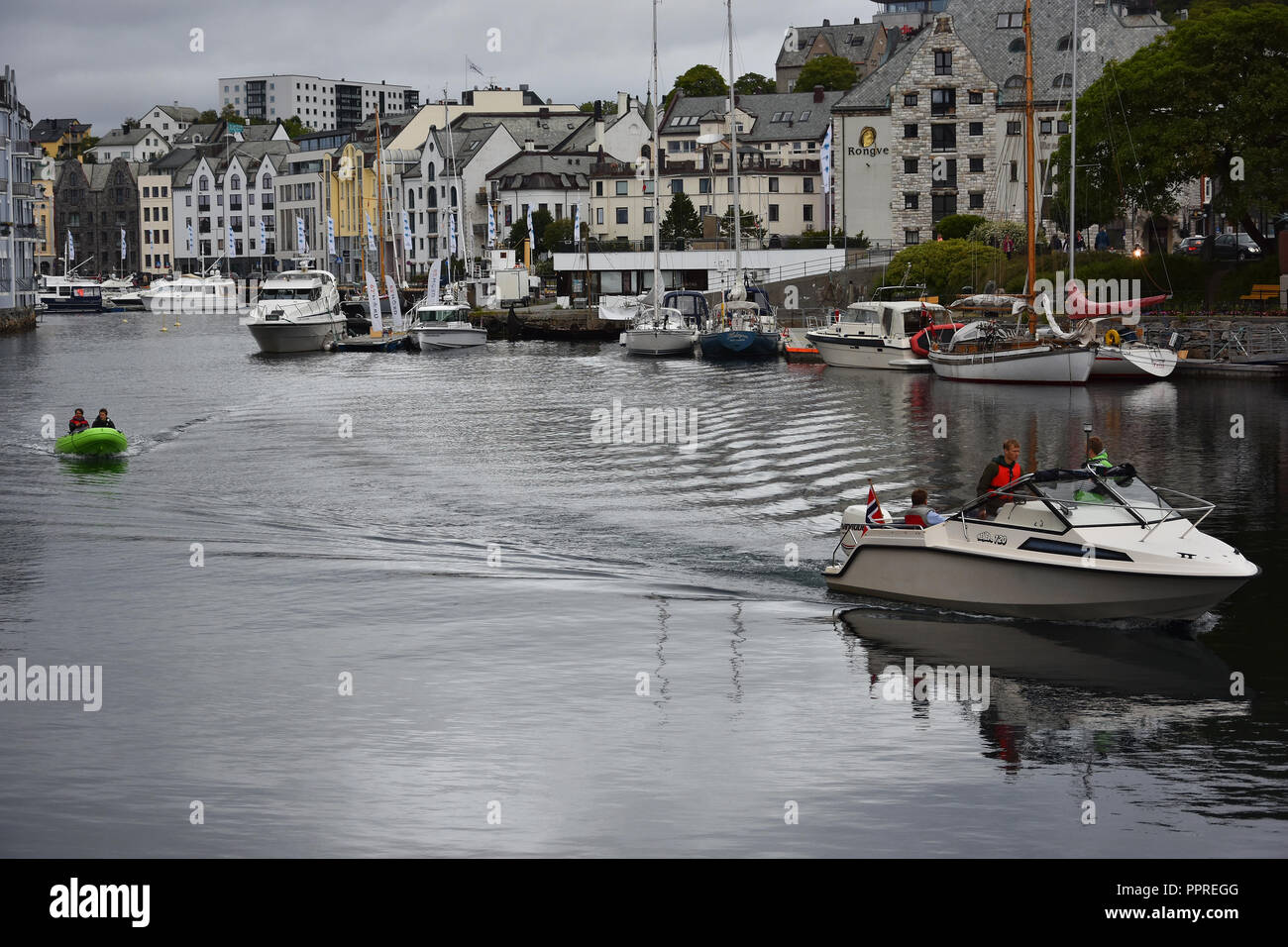 View of Alesund town and port, on the west coast of Norway, at the ...