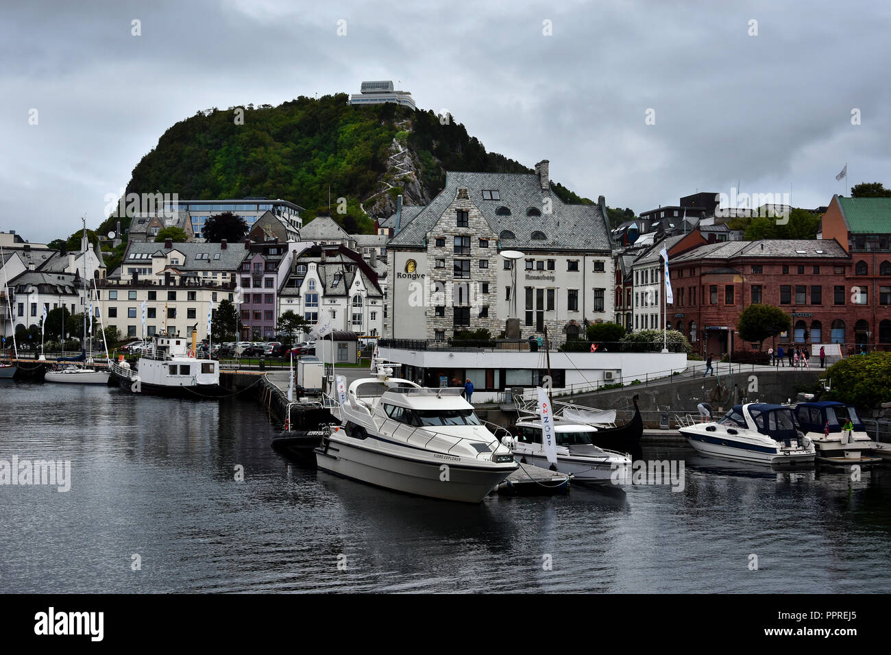 View of Alesund town and port, on the west coast of Norway, at the ...