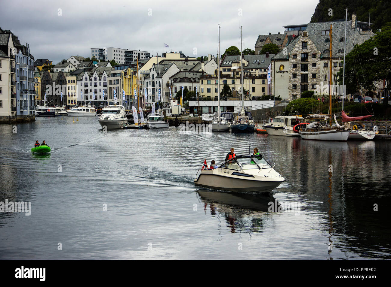 View of Alesund town and port, on the west coast of Norway, at the ...