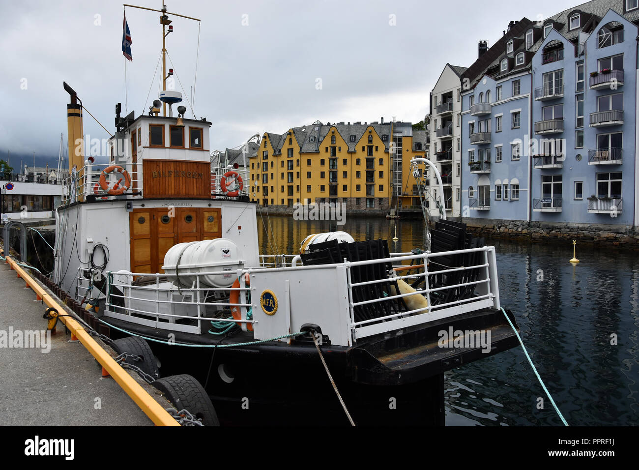 View of Alesund town and port, on the west coast of Norway, at the ...