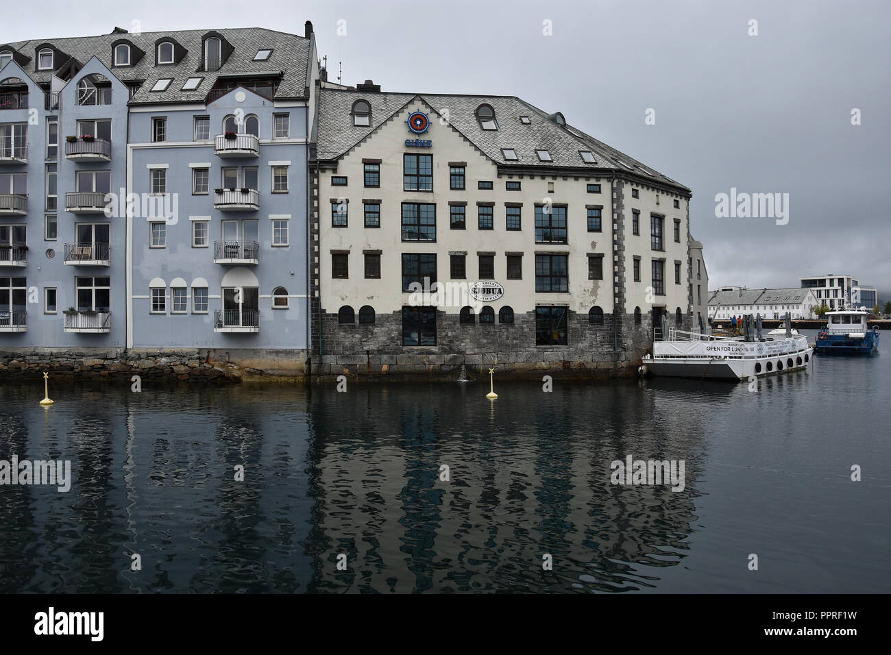 View of Alesund town and port, on the west coast of Norway, at the ...