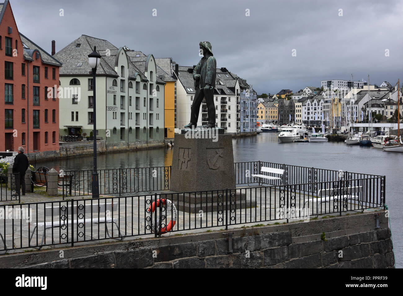 View of Alesund town and port, on the west coast of Norway, at the ...