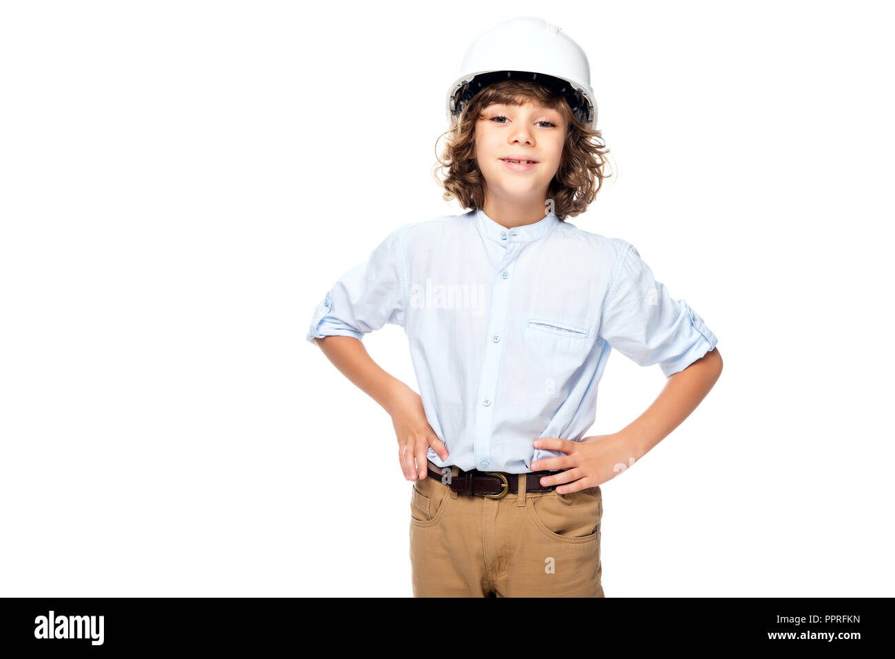 schoolboy in costume of architect and helmet isolated on white Stock ...