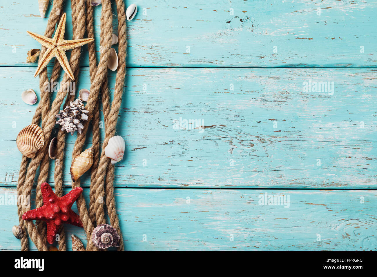 Rope and various sea shells on the background of an old wooden board ...
