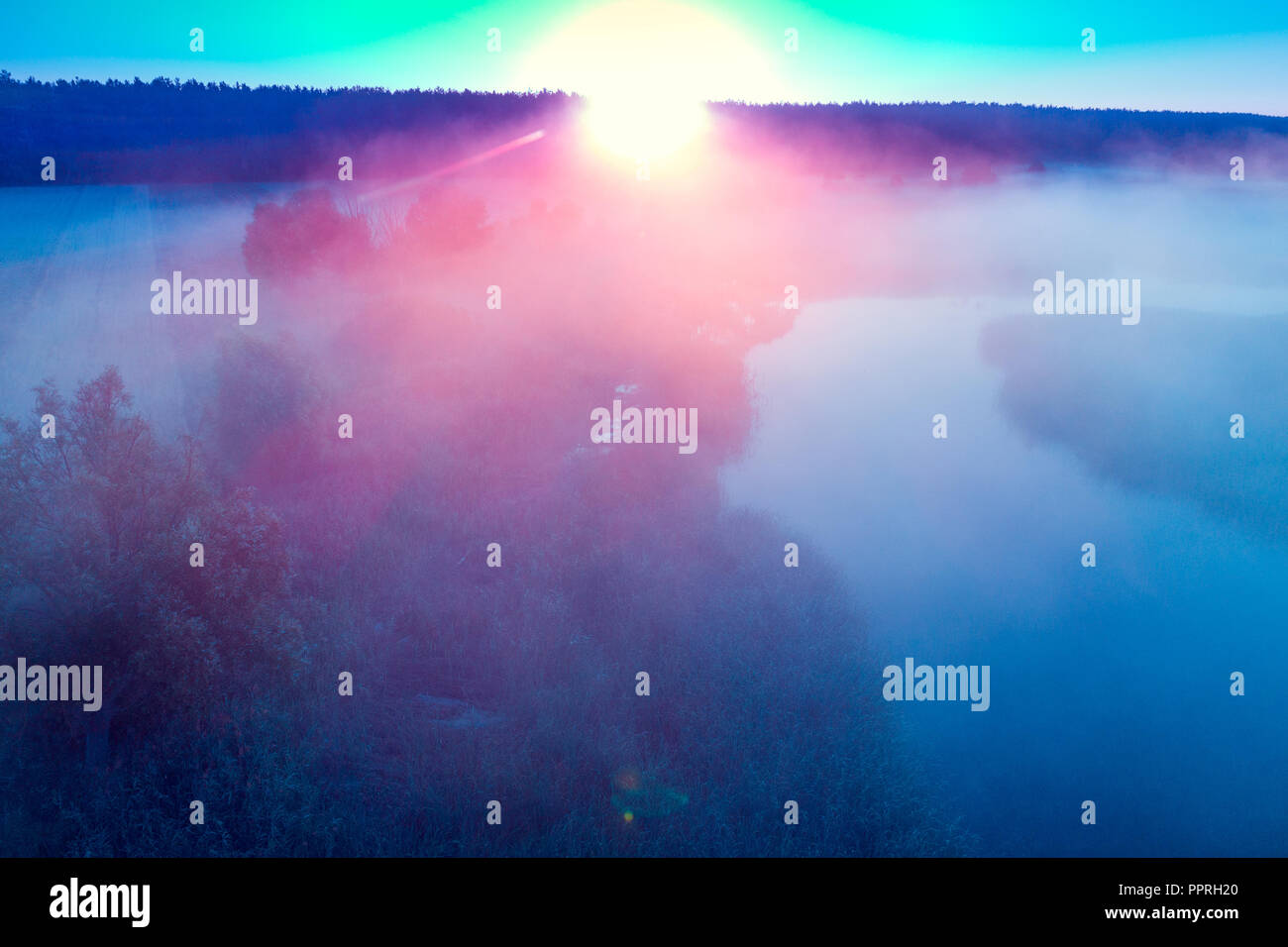Early in the morning, sunrise over the lake. Rural landscape. Beautiful ...