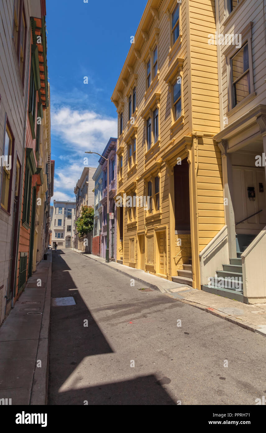 Colorful house facade in a small alley at North Beach, San Francisco ...