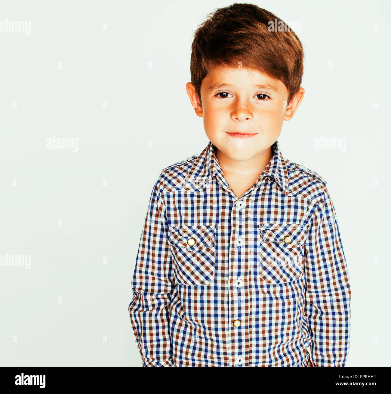 little cute real boy on white background gesture smiling close u Stock ...