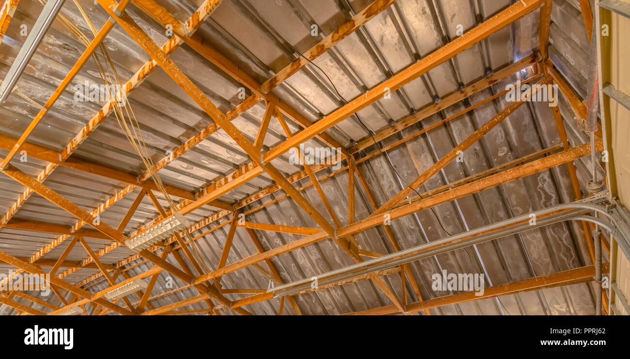 Close up view of a barn interior roof framework Stock Photo - Alamy