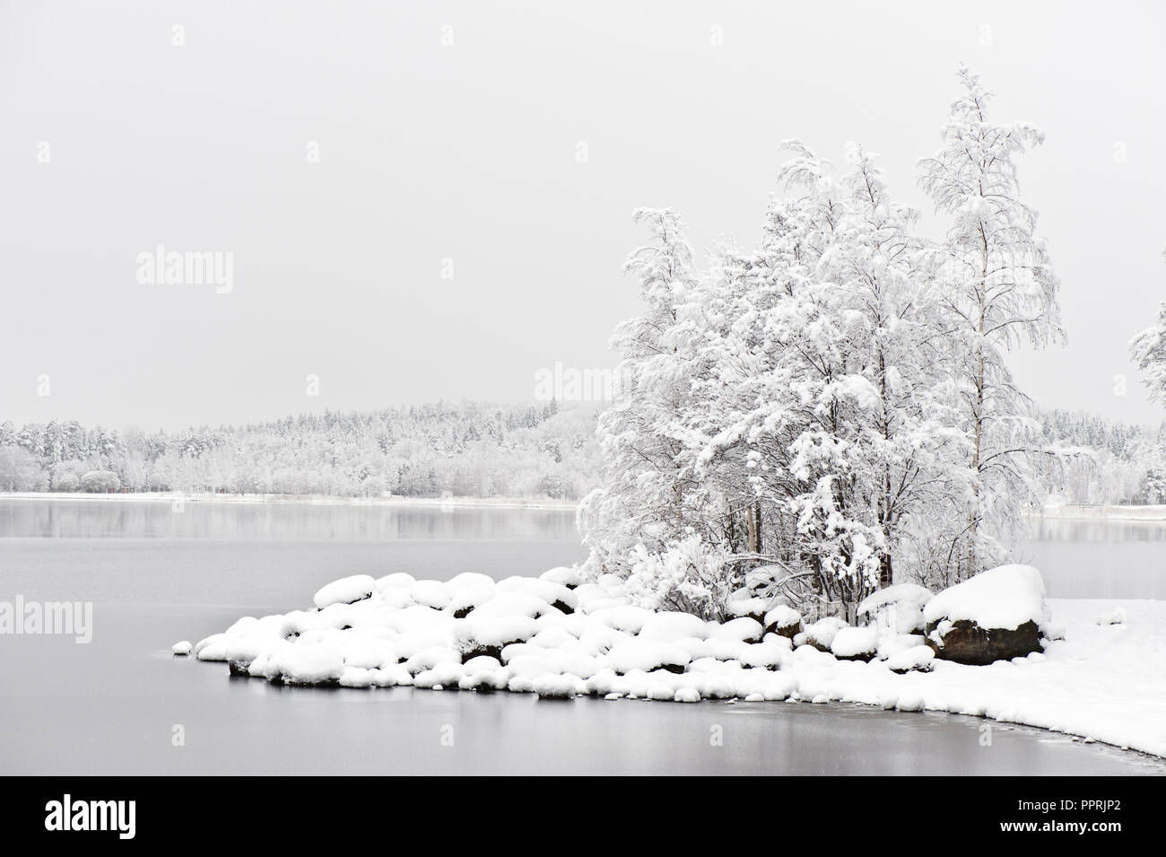 Winter landscape. with falling snow. Newly fallen snow covering lake ...