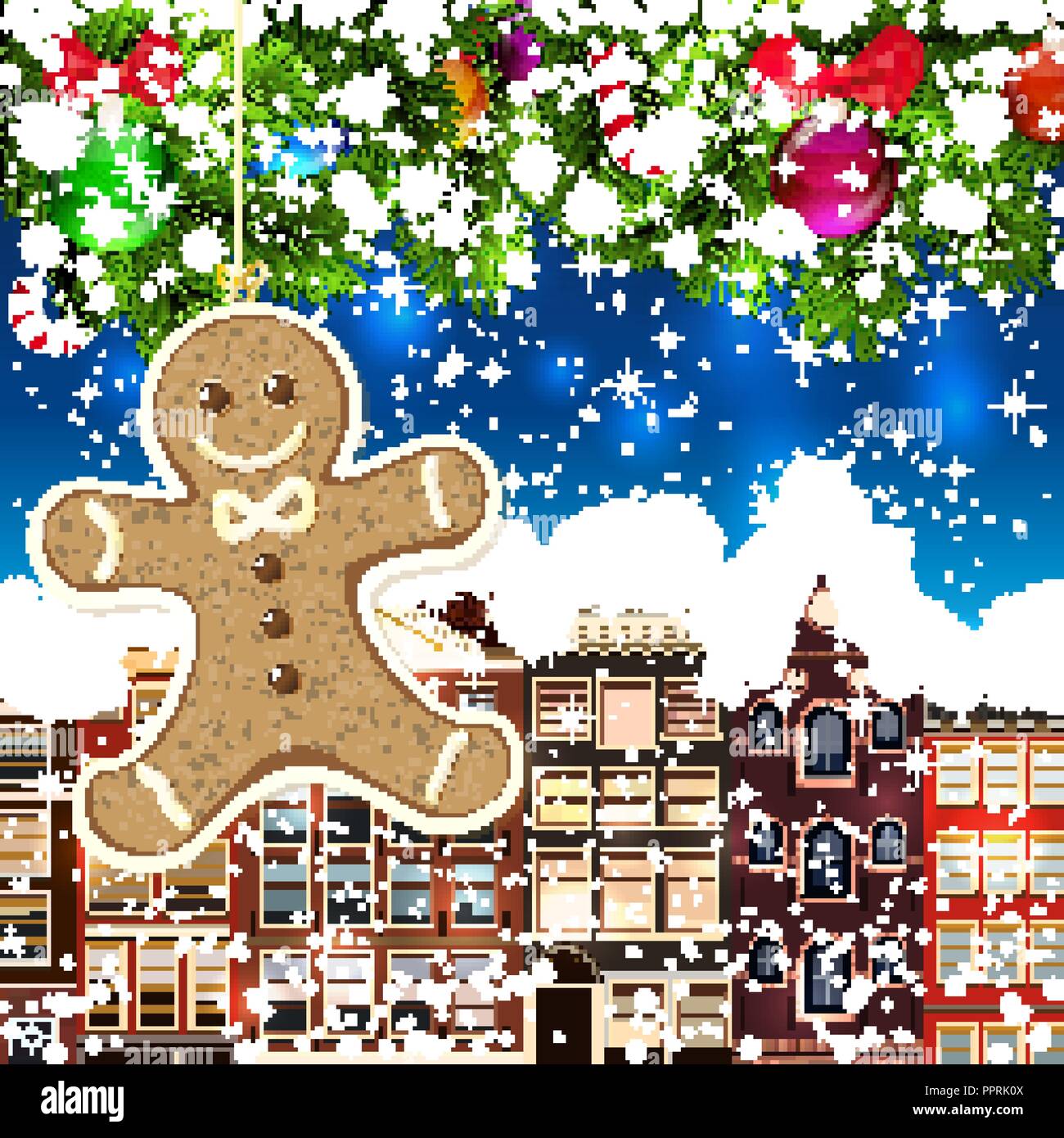 Gingerbread haus on the background of snow-covered streets. New Year ...