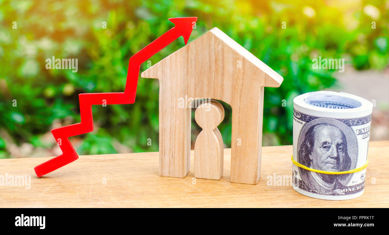 wooden house with a man inside. red arrow up. concept of high demand ...