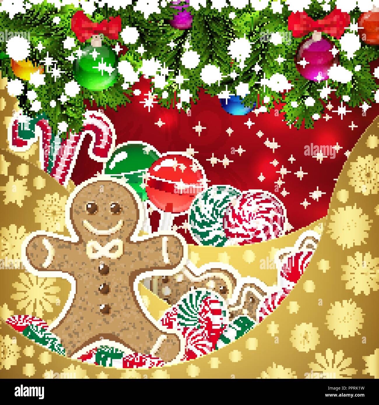 Gingerbread man on the background of sweets, decorated Christmas balls ...