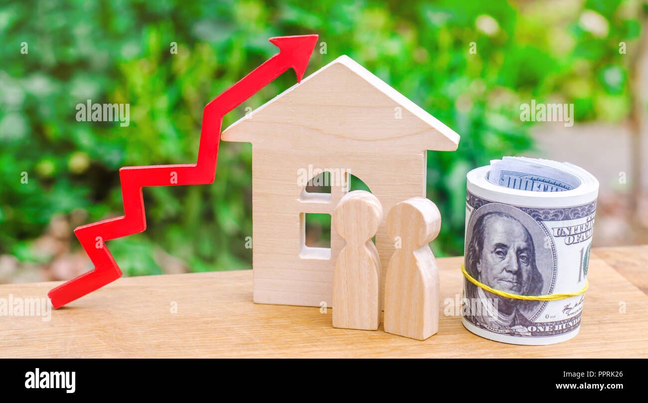 wooden house, money with a red arrow up. concept of high demand for ...