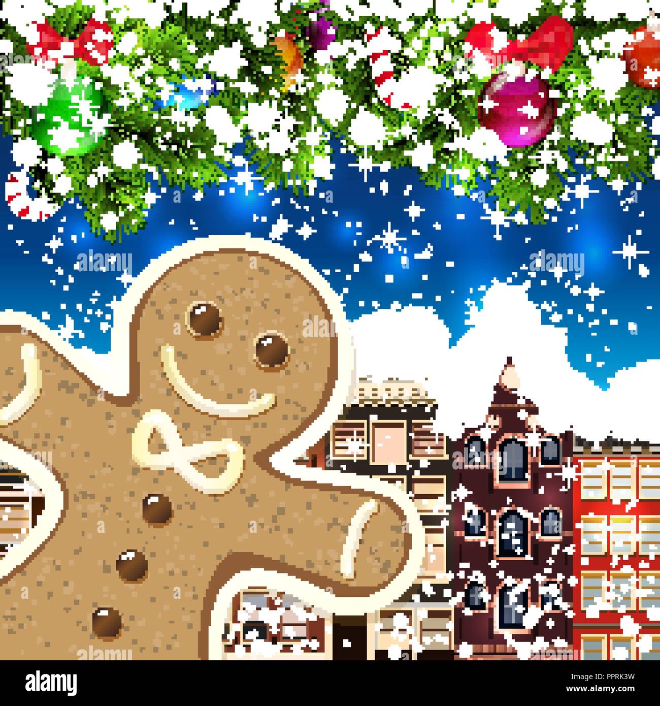 Gingerbread man on the background of snow-covered streets. New Year ...