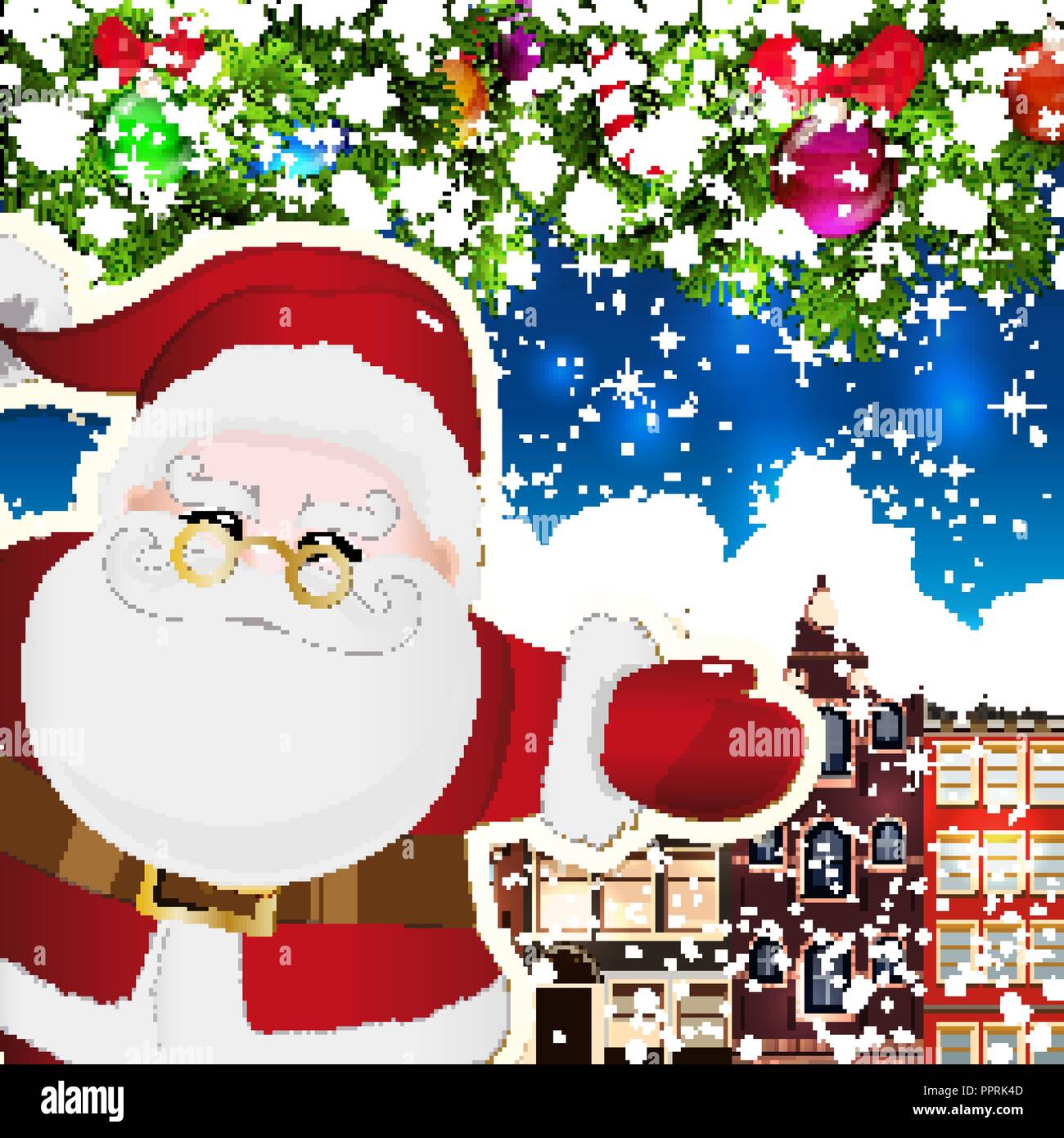 Santa Claus on the background of snow-covered streets. New Year design ...