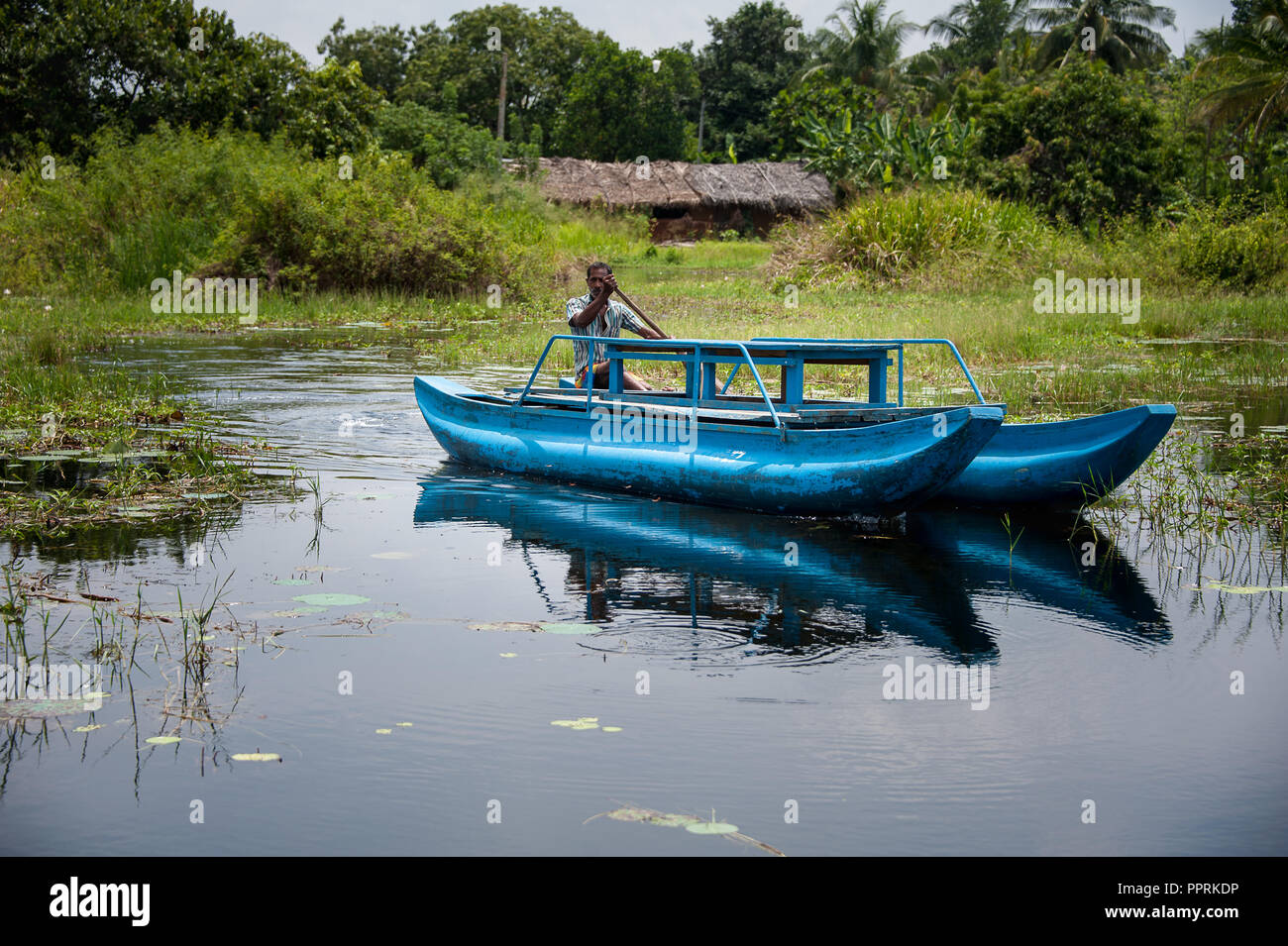 Sigiriya, Sri Lanka - March 2018: a local man paddles a turquoise canoe ...