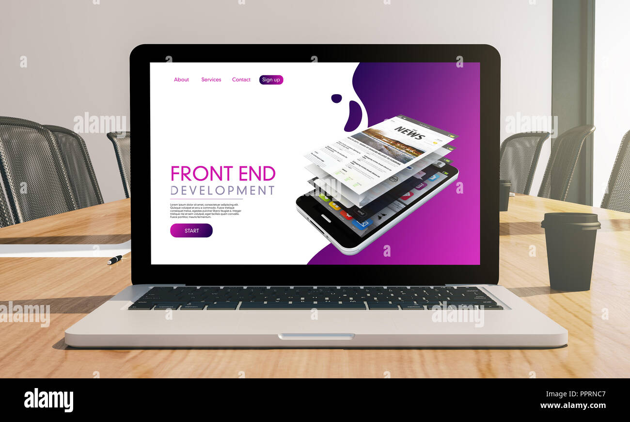 front end on laptop mockup on conference room 3d rendering Stock Photo ...